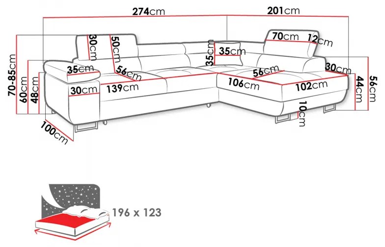 Rohová rozkládací pohovka Torezio, Potah: Lumo 55, Strana: pravá