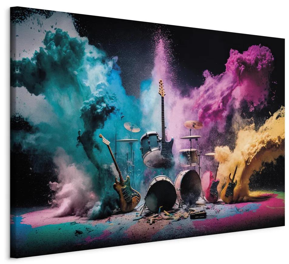 Obraz XXL Rockový koncert - vybuchující nástroje na pódiu v barevném prachu