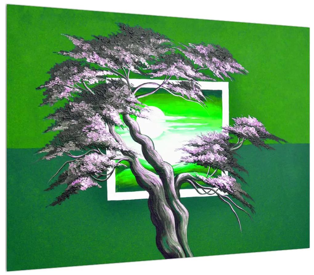 Zelený obraz stromu a východu slunce (70x50 cm)