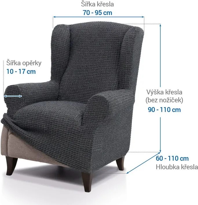 Super strečové potahy RUBINIA antracitová křeslo ušák (š. 70 - 95 cm)