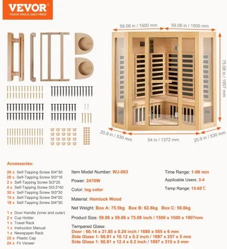 Far Infrared Wooden Sauna Room Domácnost Sauna Spa pro 3 až 4 osoby 2470 W