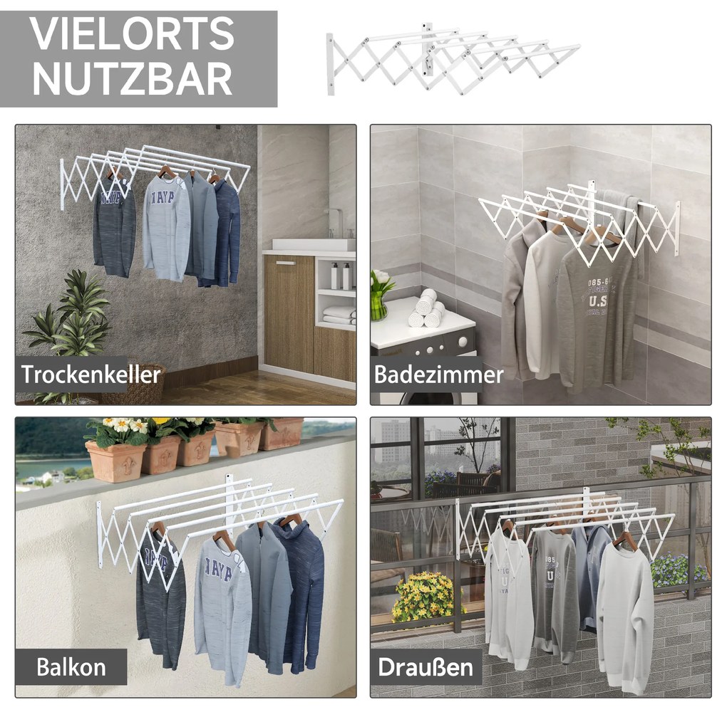 HOMCOM Nástěnný sušák na prádlo 57,5 cm prostorově úsporný kůň na prádlo pro interiér i exteriér Kov v bílé barvě 63,5 x 60 x 20 cm