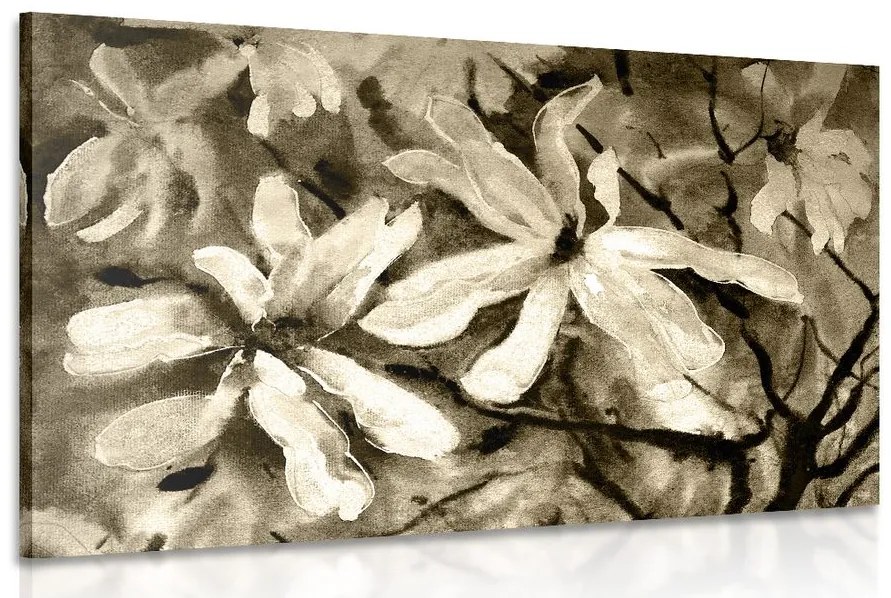 Obraz rozkvetlý akvarelový strom v sépiovém provedení