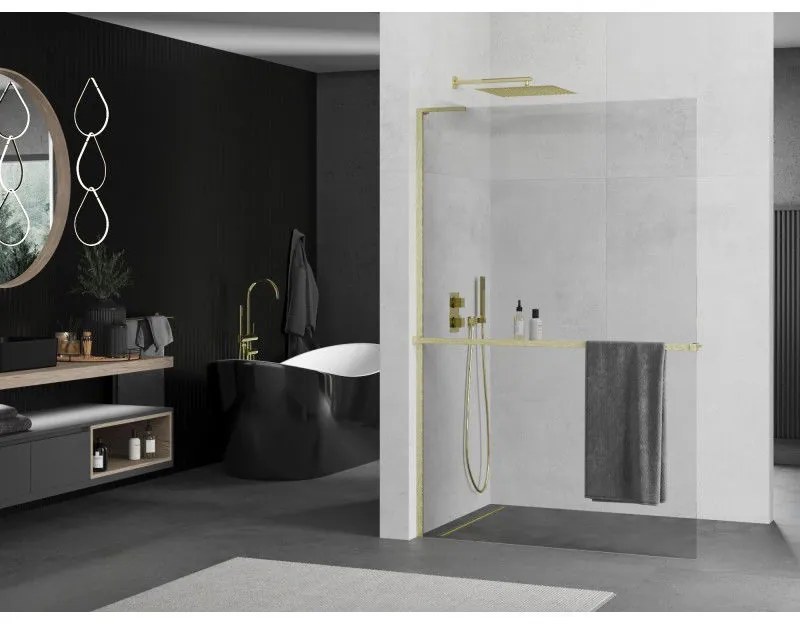 Mexen Kioto+ L, sprchová zástěna Walk-In s poličkou a věšákem 90 x 200 cm, 8mm čiré sklo, zlatý matný profil, 800-090-123-55-00
