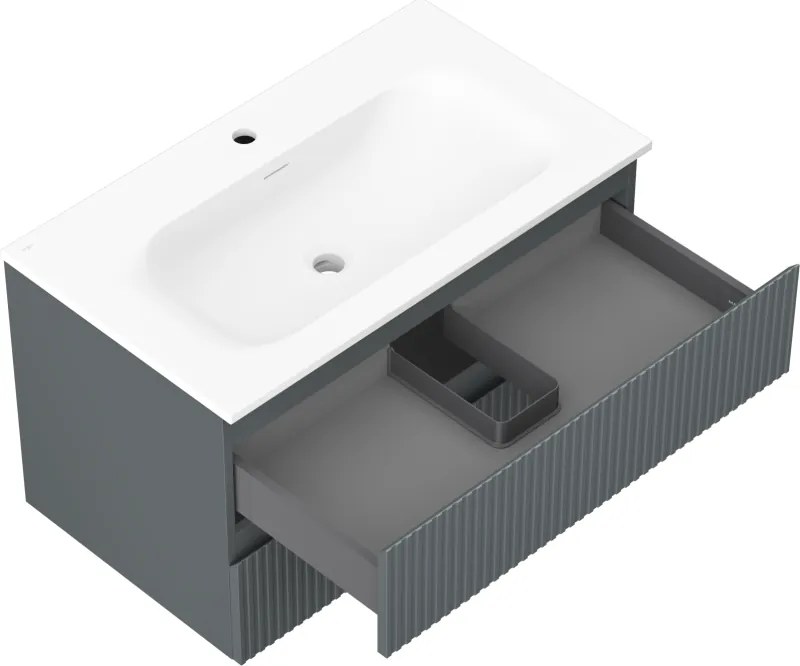 Mexen Rivel, koupelnová skříňka 80 cm s umyvadlem Vela, 2 zásuvky, drážkovaná, grafitová matná/bílá matná, 91A20-08047-2-BFF66-W23M0