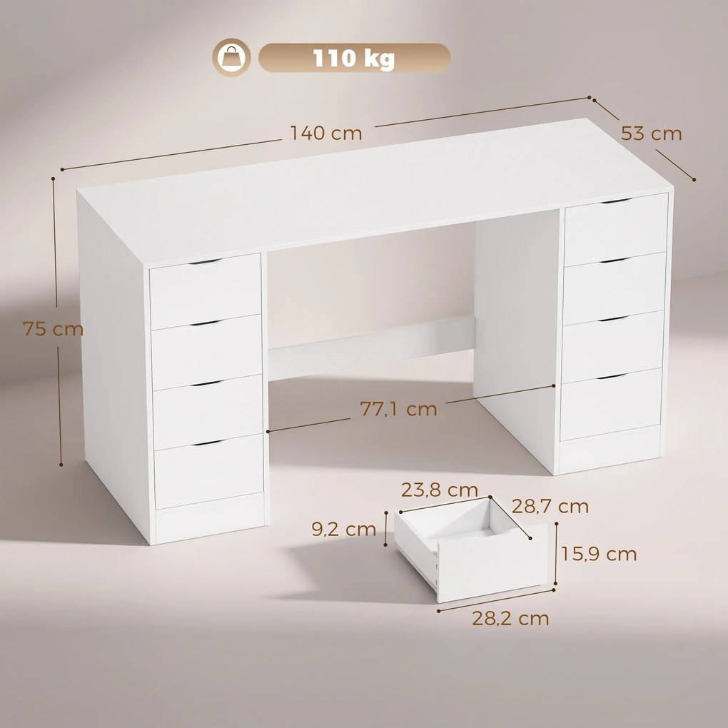 HOMCOM Psací stůl 140 cm s 8 zásuvkami, moderní kancelářský stůl s úložným prostorem, bílý vzhled dřeva