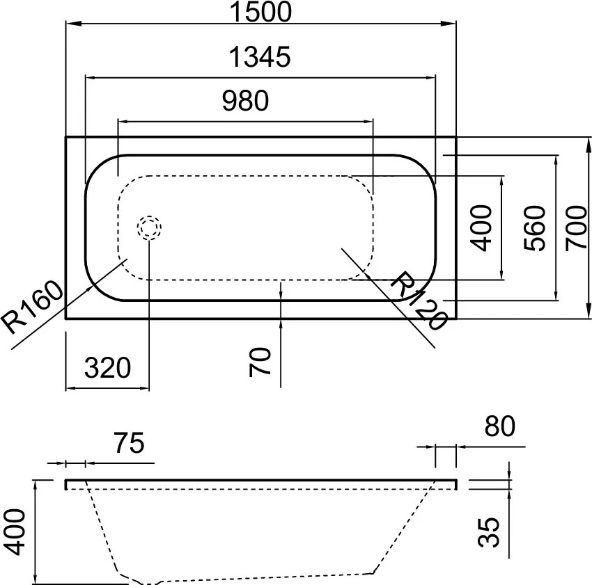 Erga Pureline-O, vana 1500x700x400 mm bez nožiček, bílá lesklá, ERG-V07-PURELINE-O-150x070-WH