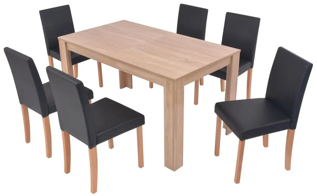 7dílná sada jídelního stolu a židlí, umělá kůže a dub, černá,  243529