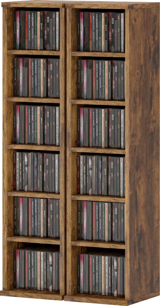 HOMCOM 2ks sada CD a DVD regálů s 12 přihrádkami, nastavitelnými policemi, 21x22,5x88,5 cm, rustikální hnědá