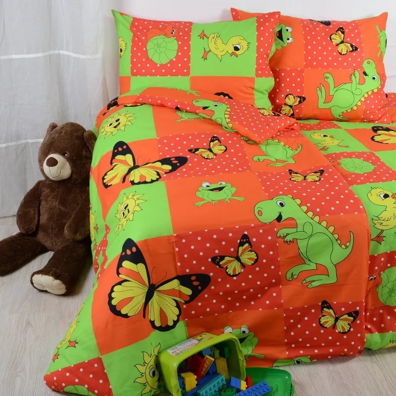 Povlečení bavlněné dětské Dinosaurus červené TiaHome - 1x Polštář 90x70cm, 1x Přikrývka 140x200cm