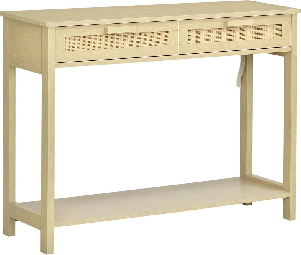 HOMCOM Konsolový stolek do předsíně se 2 zásuvkami Ratanová deska a spodní police pro chodbu, obývací pokoj a ložnici, rustikální styl 100x30x76 cm př