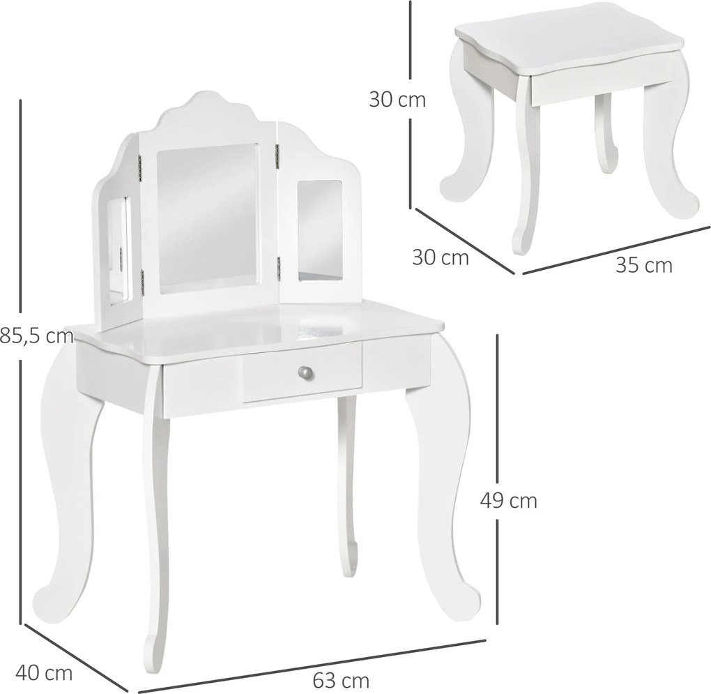 HOMCOM Dětský toaletní stolek s taburetem, triptychem zrcadel a posuvným zásuvkou - Rozměry toaletního stolku 63D x 40Š x 85,5V cm - Bílý akryl