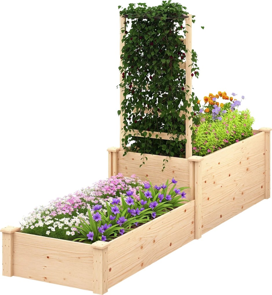 Outsunny Velký venkovní dřevěný květináč s mřížkou pro popínavé rostliny a 2 květinové boxy pro zahradu, terasu 222x63x132 cm Přírodní dřevo | Aosom