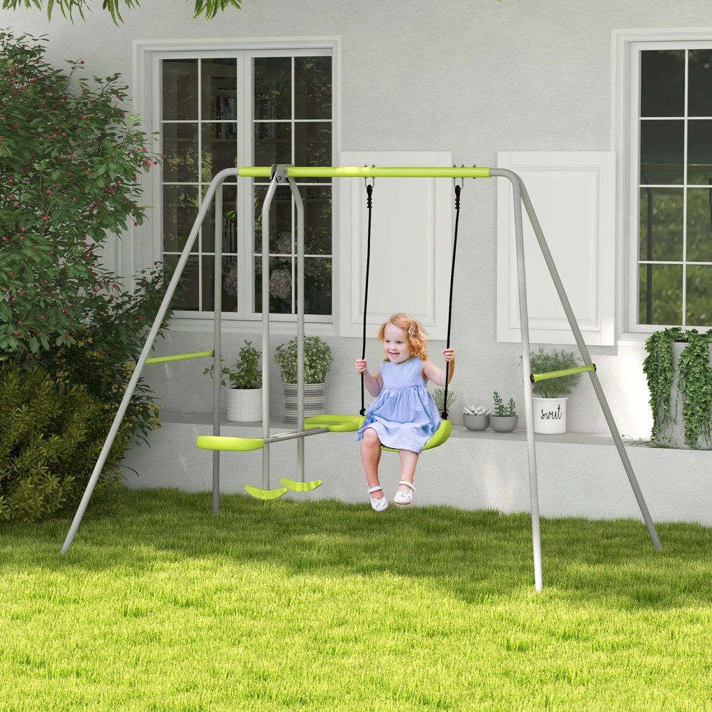 Zahradní houpačka Outsunny pro děti s 1 jednoduchou houpačkou, 1 klouzačkou a anti-UV ochranou, nosnost 135 kg, 255x160x180 cm, šedá a zelená
