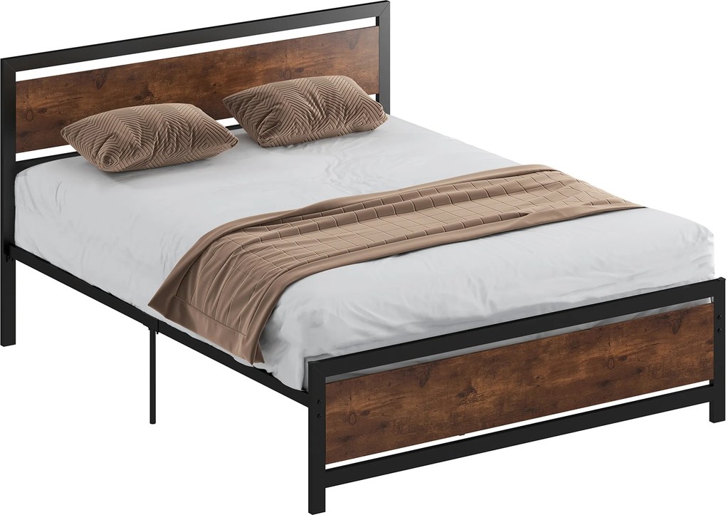 HOMCOM rám manželské postele 200 x 160 cm z oceli s roštem a čelem postele, kompatibilní s matrací tmavý dřevěný vzhled