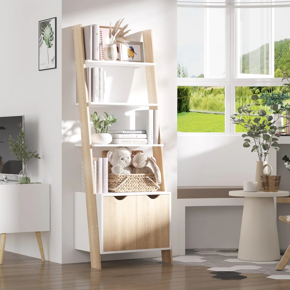 HOMCOM Dřevěná knihovna v severském stylu s 3 policemi a 1 úložným kabinetem Moderní 60x40x171 cm Dub a Bílá | Aosom