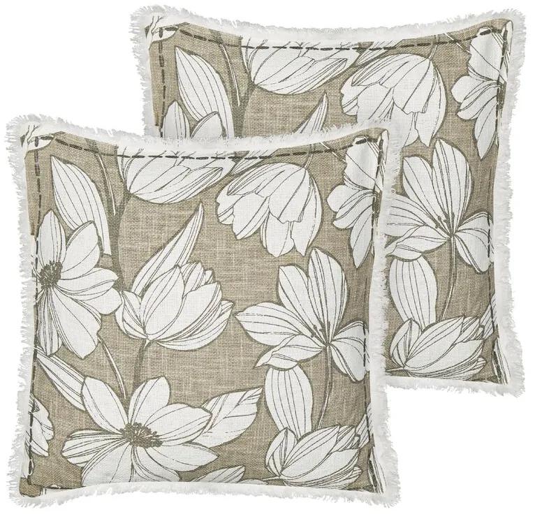 Sada 2 bavlněných polštářů s květinovým vzorem a střapci 45 x 45 cm bílé/zelené CYANOTIS Beliani