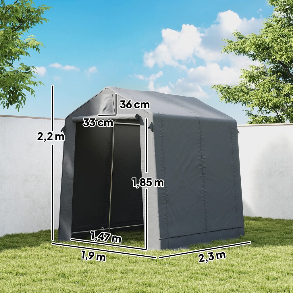 Outsunny garážový přístřešek 2,3 × 1,9 m — voděodolný skladovací stan s navíjecími zipovými dveřmi a větráním, pozinkovaný ocelový rám, odolný proti …