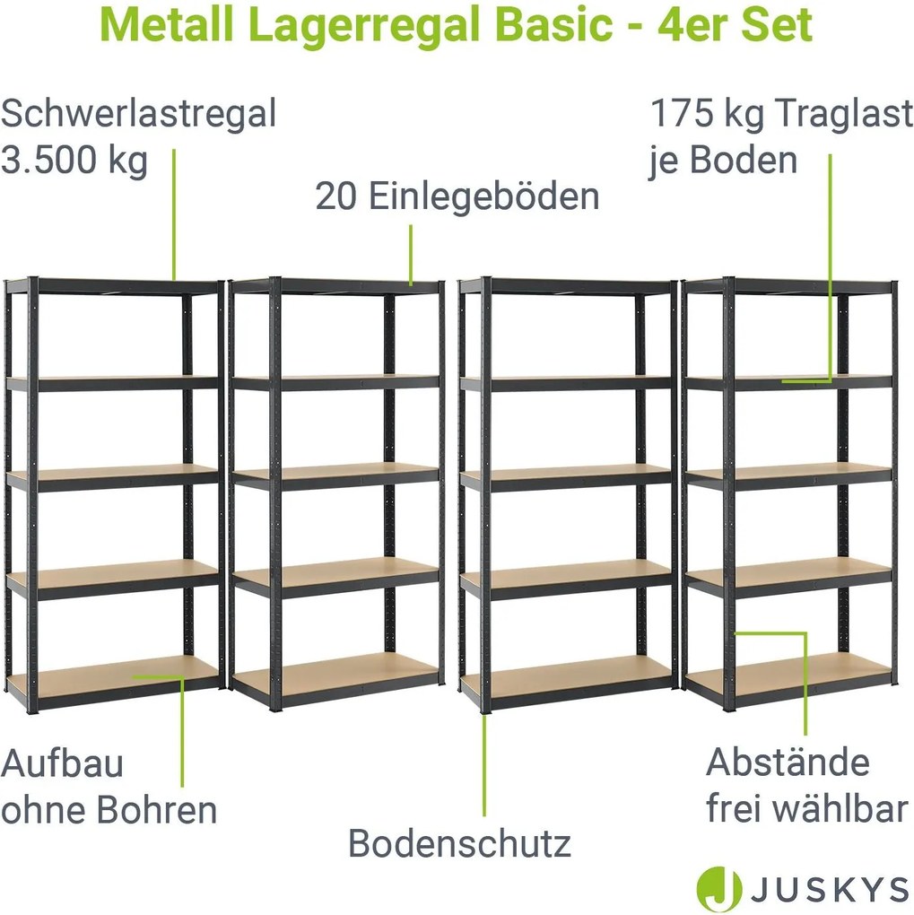 Juskys Sada kovových regálů Basic 180 × 90 × 40 cm Barva: šedá, Velikost sady: 6 ks