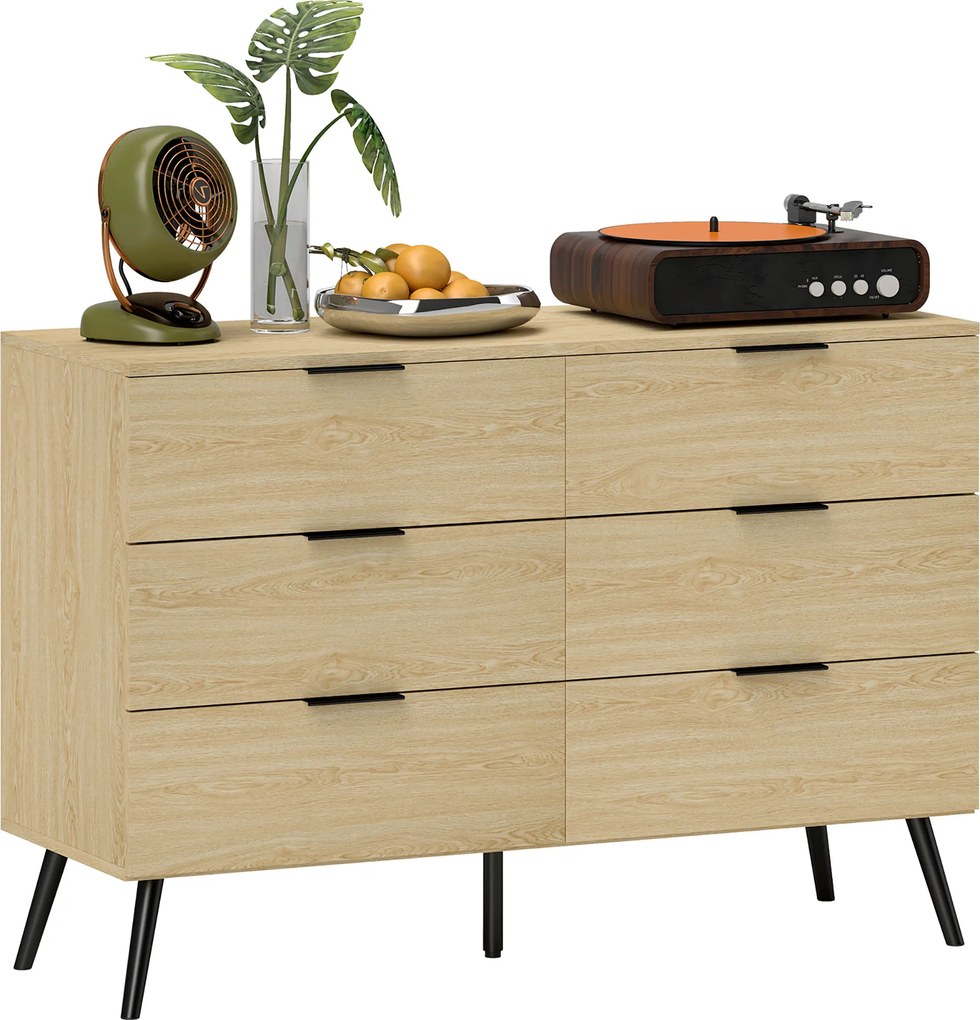 HOMCOM Komoda se 6 zásuvkami Moderní design s protišmykovým zajištěním 110Š x 40H x 75V cm Dřevěný vzhled
