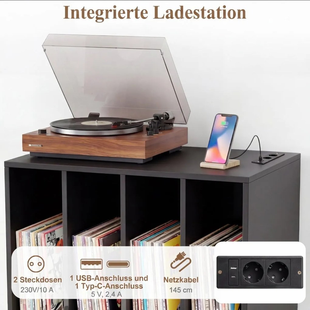 Costway Stojan na gramofon s integrovanou nabíjecí stanicí a 4 přepážkami