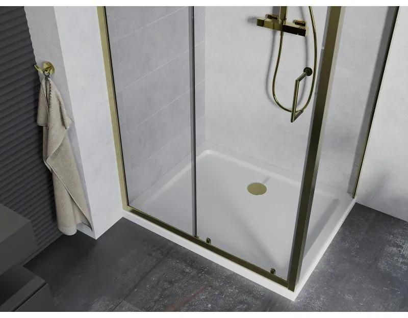 Mexen Apia rozsouvací sprchový kout 110 x 70 cm, Průhledné, Zlatá + sprchová vanička Flat, Bílá- 840-110-070-50-00-4010G