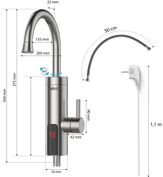 Průtokový ohřívač vody s LED displejem 3000W/230V IPX4 nerezová ocel