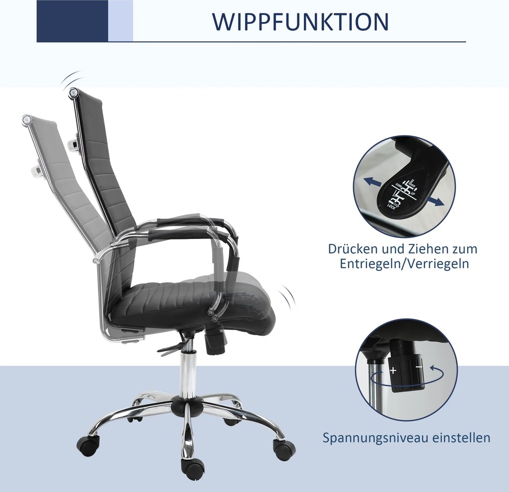 Kancelářská židle Vinsetto ergonomická manažerská židle s houpací funkcí, výškově nastavitelná, čalouněná umělou kůží a pěnou, černá | Aosom.de