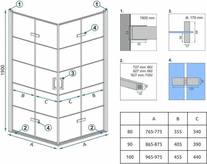 Rea Molier Black Double, sprchový kout se skládacími dveřmi 100(dveře) x 80(dveře), 6mm čiré sklo, černý profil, KPL-K2011