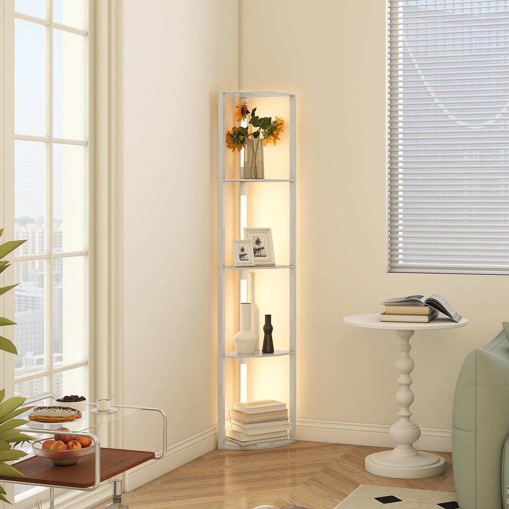 HOMCOM LED stojací lampa, rohový regál, stmívatelná, 4 police, teplé bílé světlo, 41x30x164 cm, dub
