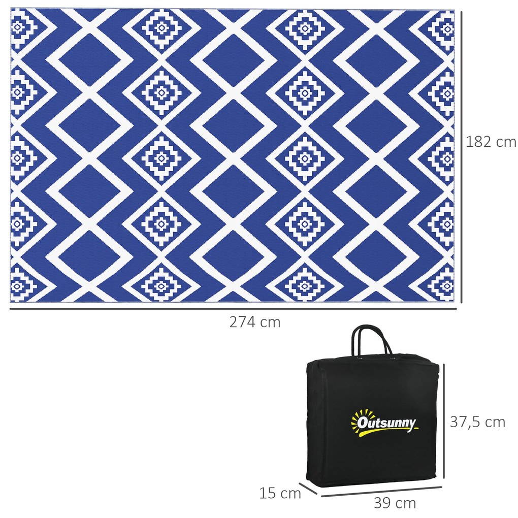 Venkovní koberec Outsunny 182x274cm, vodoodpudivý, plastový koberec s taškou na přenášení, ideální na balkon a kempování, modro-bílý | Aosom.de