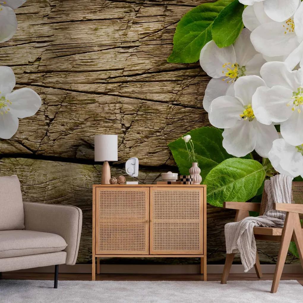 Fototapeta Příroda - surové dřevo obklopené bílými květy se zelenými listy