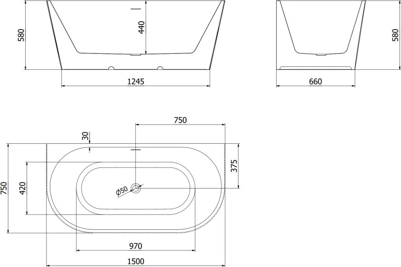 Mexen Oris, volně stojící rýhovaná vana 150 x 75 cm, bílá-černá, grafitový přepad, 52871507575-95