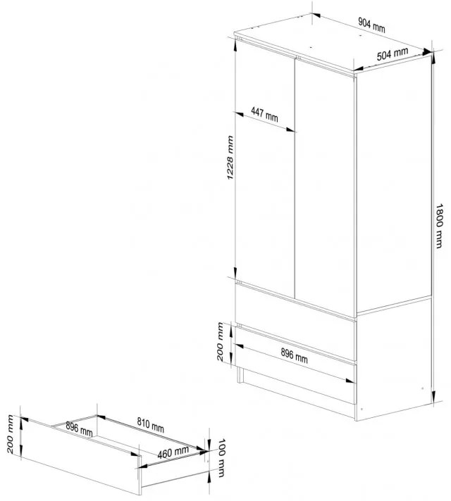 Šatní skříň S90 2D 2SZ grafit/bílá