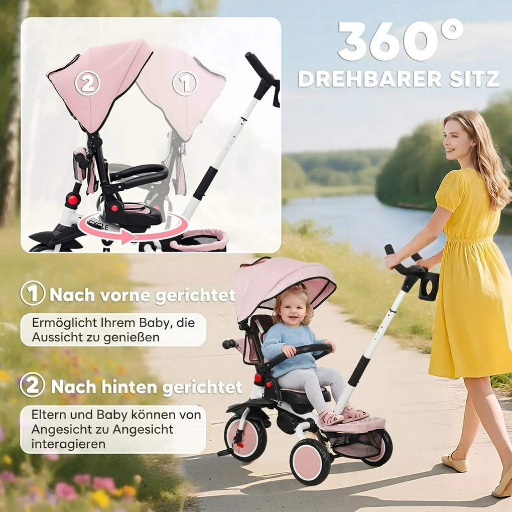 AIYAPLAY Dětská tříkolka, 6-v-1 buggy pro malé děti, s tlačnou tyčí, nastavitelným sedadlem, skládacím designem, bezpečnostní sítí