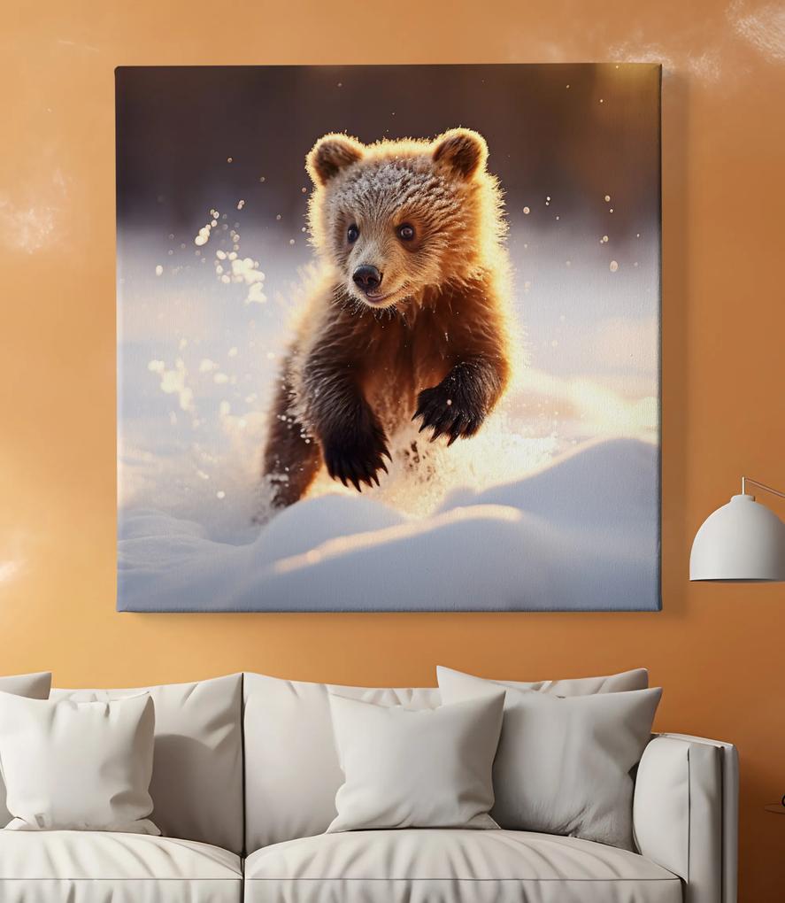 Obraz na plátně - Medvídě skotačí v zimní krajině FeelHappy.cz Velikost obrazu: 120 x 120 cm