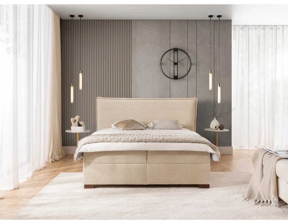 Béžová boxspring postel s úložným prostorem 200x200 cm Lysa – Ropez