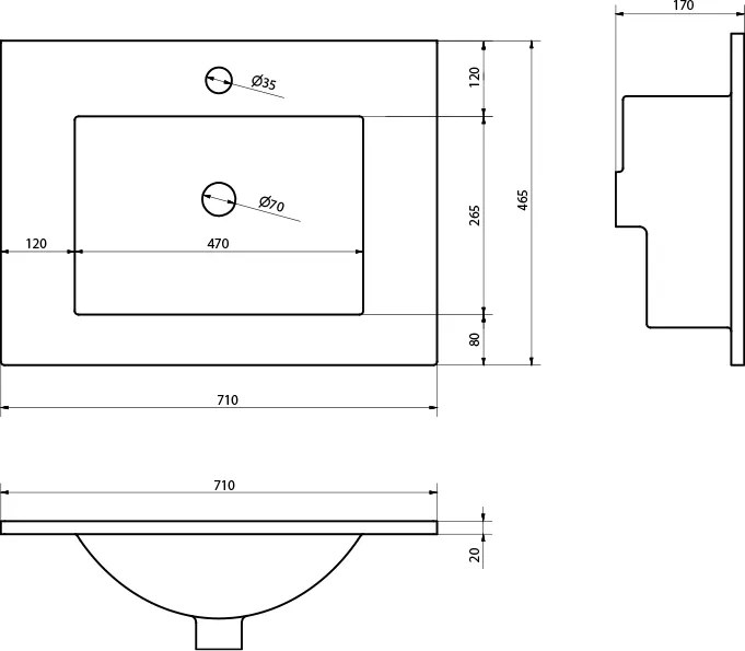 Sapho Sapho, SLIM keramické umyvadlo, nábytkové, 70x46cm, bílá, 1601-70