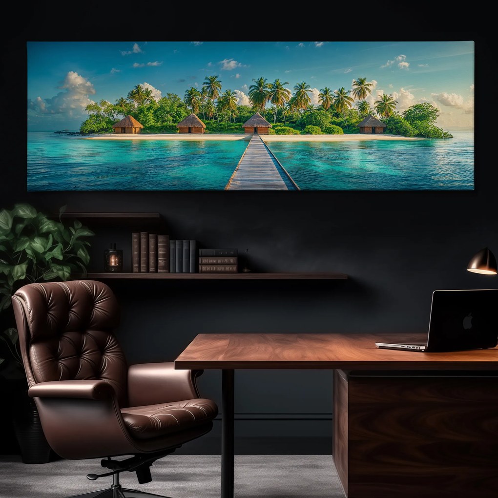 Obraz na plátně - Tropický ostrov s chatami a molem FeelHappy.cz Velikost obrazu: 60 x 20 cm