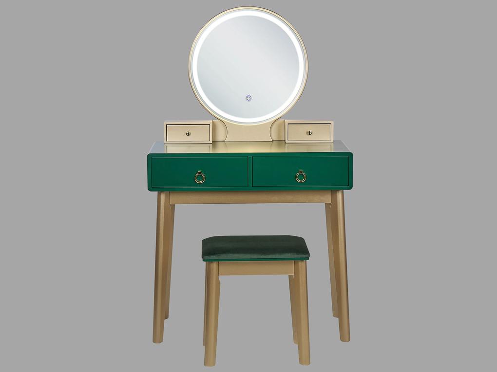 Toaletní stolek se 4 zásuvkami LED zrcadlem a stoličkou zelený/zlatý FEDRY Beliani