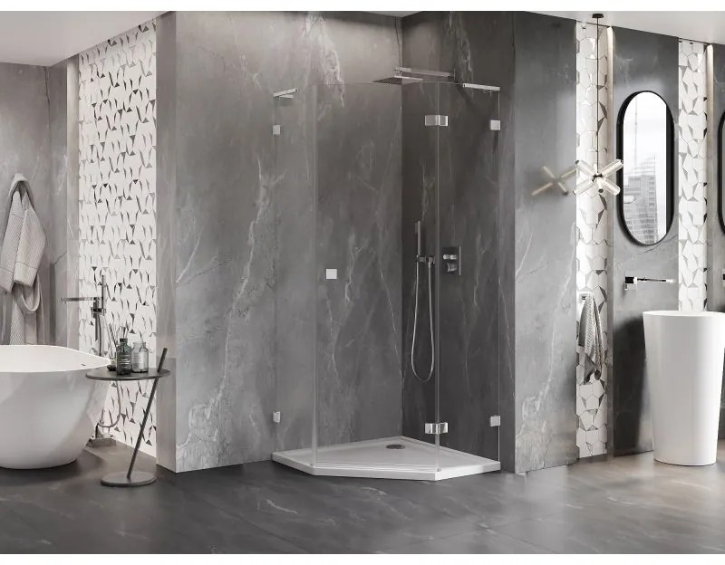 Mexen Lunar, L pravý výklopný pětiúhelníkový sprchový kout 80 x 80 cm, 8mm čiré sklo, chromový profil, 831L-080P-080L-01-00-P