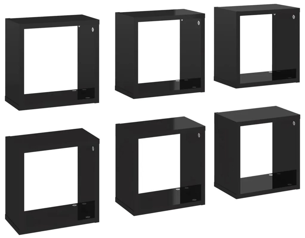 Nástěnné police kostky 6 ks černé s vysokým leskem 26x15x26 cm - Default Title
