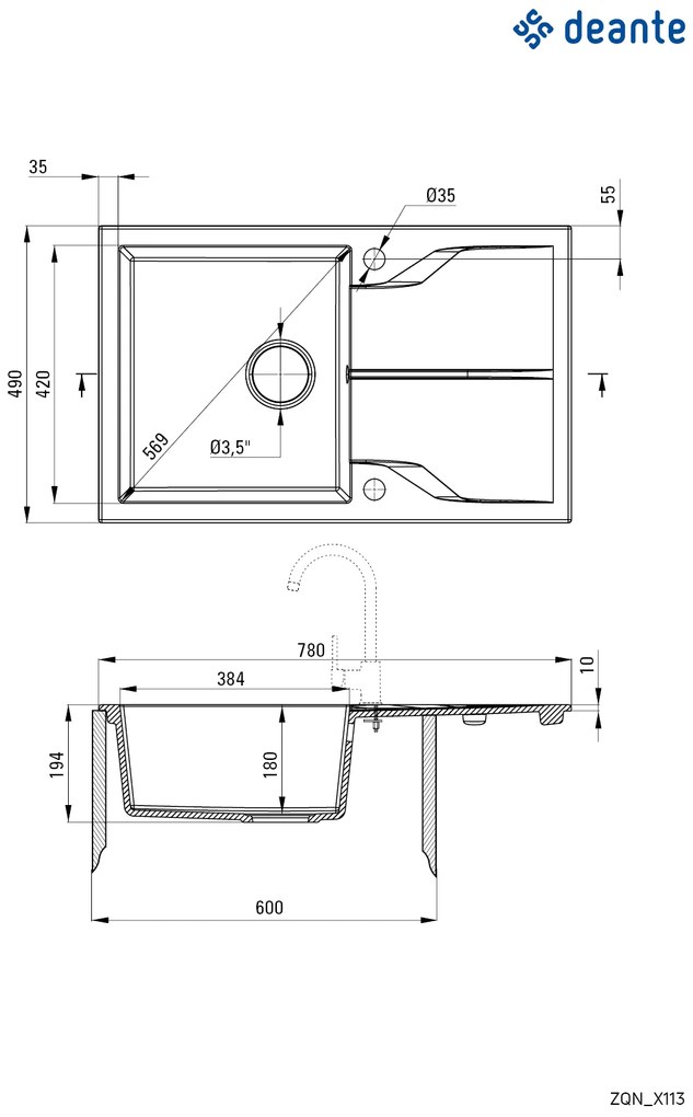 Deante Dřez Andante Flush s odkapávačem, granit - ZQN T113 antracit metalic