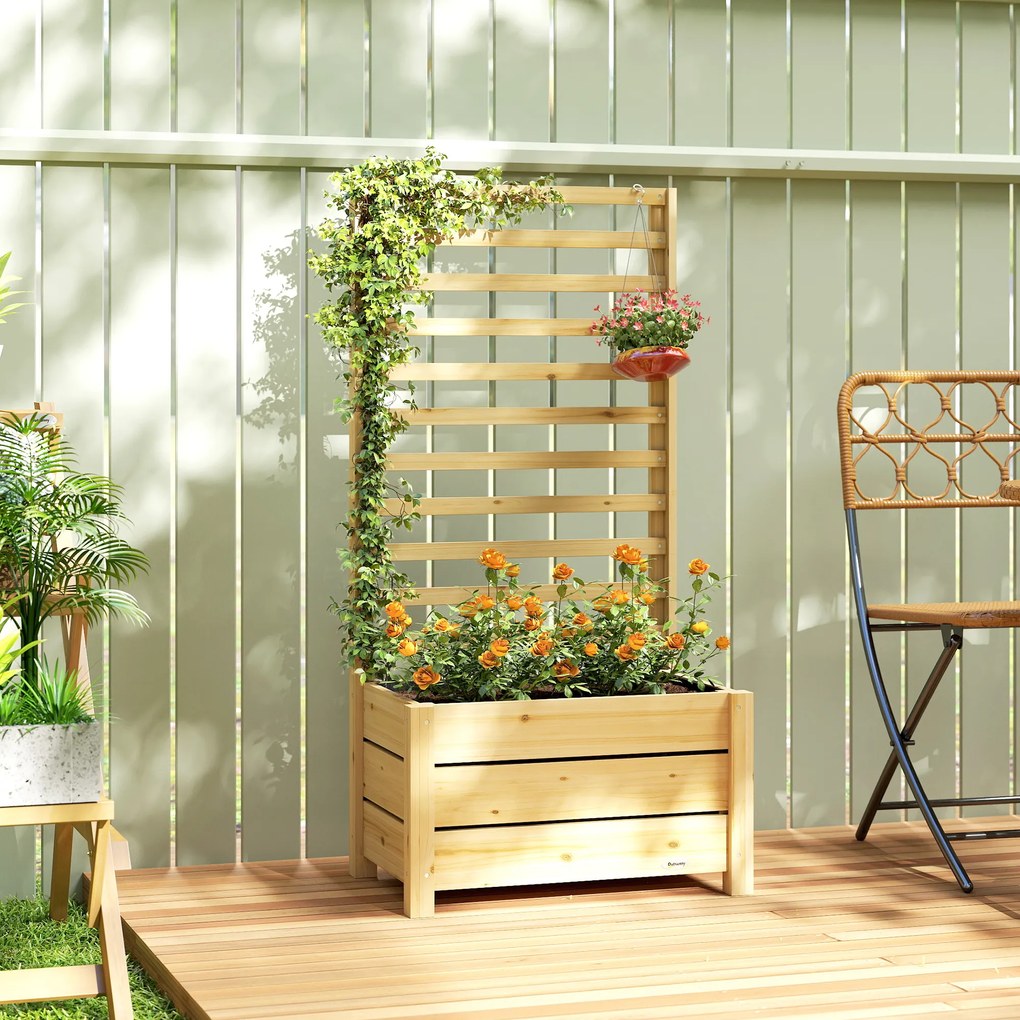 Vyvýšený truhlík Outsunny s mříží — přírodní smrkové dřevo, odtokový otvor, netkaná vložka, 60 x 39 x 120 cm