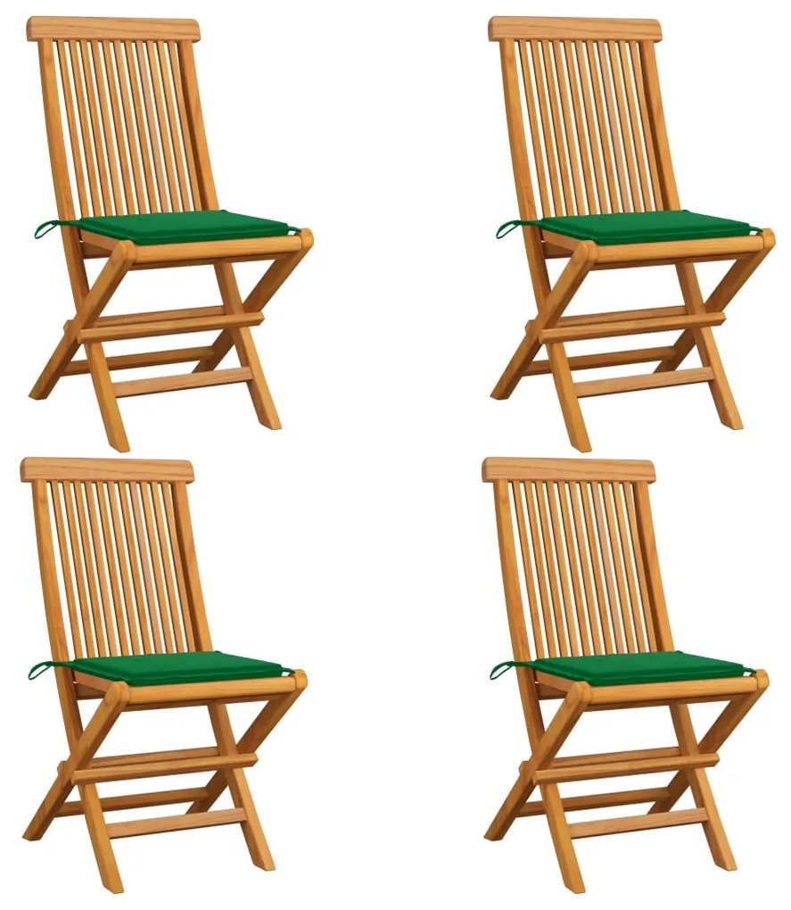 3062573 vidaXL Zahradní židle se zelenými poduškami 4 ks masivní teak