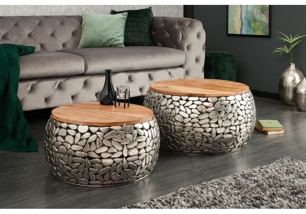 Massive home | 2SET konferenční stolek STONE MOSAIC 65 CM stříbrný