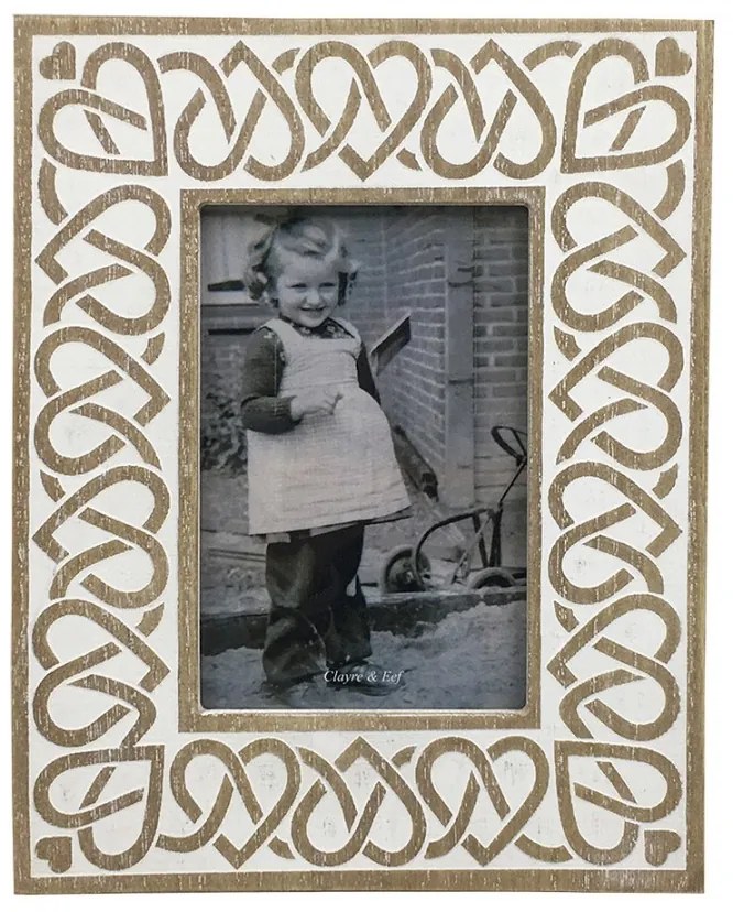 Béžovo-hnědý fotorámeček se srdíčkovými ornamenty - 19*1*24 cm / 10*15 cm