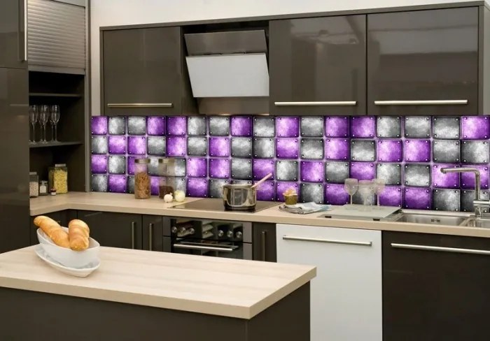 DIMEX | Fototapeta do kuchyně Kovové kachličky KI-260-078 | 260 x 60 cm | fialová, metalická, šedá