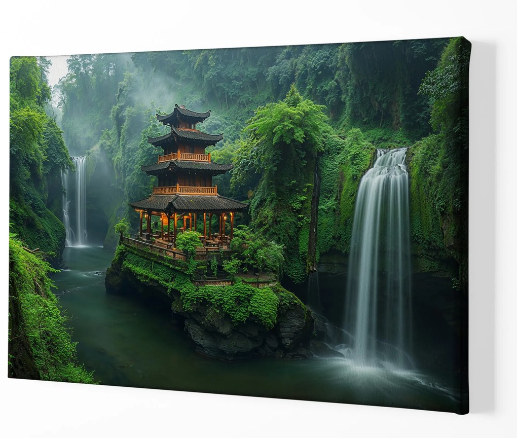 Obraz na plátně - Jošidův chrám mezi vodopády FeelHappy.cz Velikost obrazu: 210 x 140 cm