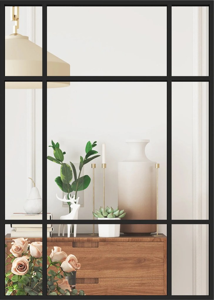 HOMCOM obdélné nástěnné zrcadlo 70 × 50 cm — černý kovový rám ve stylu okna, dekorativní zrcadlo do obýváku, ložnice a předsíně | Aosom